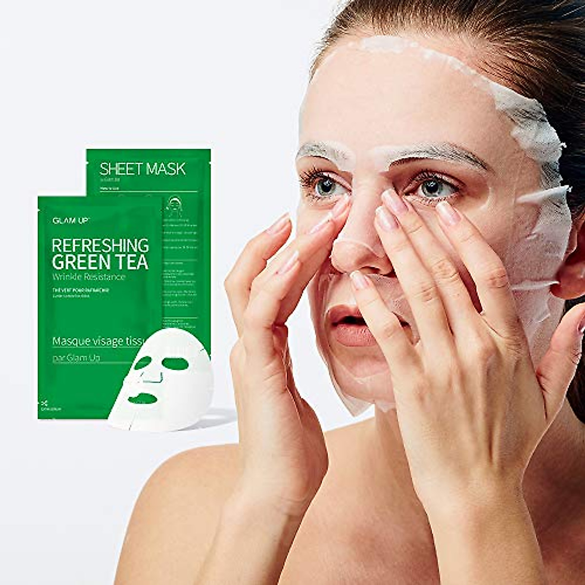 GLAM UP Sheet mask Refreshing Green Tea (10 sheets) - Revitalize Dull Skin. Dark Circle Fighter Nature made Freshly packed Daily Skin Therapy Original K-Beauty Recipe x 10ea