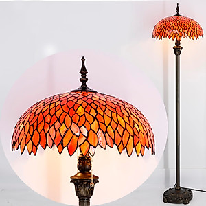 WERFACTORY Tiffany Floor Lamp Red Orange Wisteria Stained Glass Standing Reading Light 16X16X64 Inches Antique Style Pole Corner Lamp Decor Bedroom Living Room Home Office S523R Series