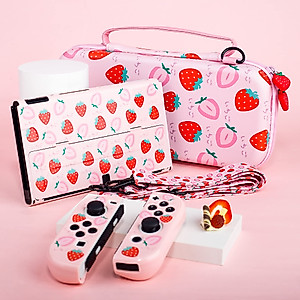 RHOTALL 6 in 1 Cute Strawberry Carrying Case Set for Nintendo Switch OLED,Portable Pink Travel bundle Case for Switch OLED Accessories,Protective Cover,Screen Protector,Shoulder Strap and 2 Thumb Caps