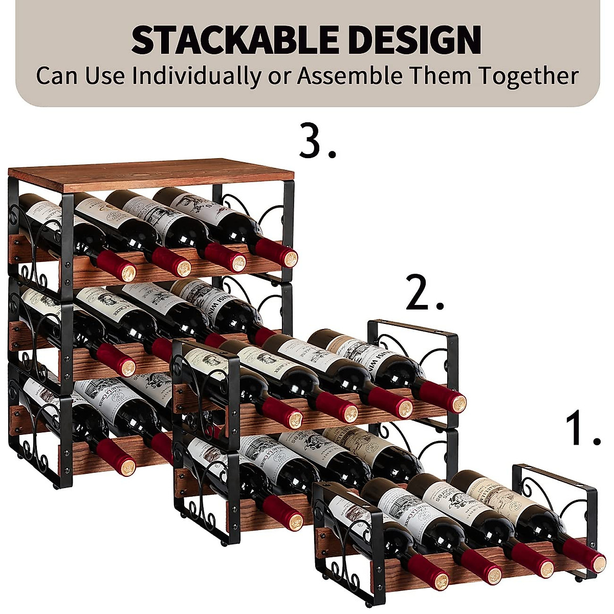 Countertop Wine Rack, 12 Bottle Wine Holder Stand for Table with Top Storage Shelf/Natural Solid Wood and Metal Structure, 3 Tier Stackable Wine Racks for Cabinet Home Kitchen Bar Hotel Restaurant