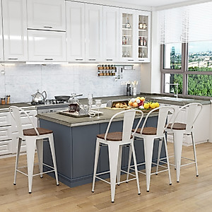 Yongqiang 24" Metal Bar Stools Set of 4 Kitchen Counter Height Bar Chairs High Back Farmhouse Barstools with Large Wooden Seat Cream White