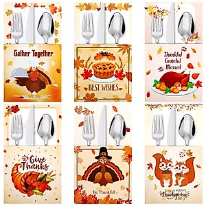 Naler 24 Pieces Thanksgiving Cutlery Holder Set Fall Thanksgiving Utensil Decor Turkey Cutlery Holders for Thanksgiving Party Supplies Autumn Harvest Dinner Table Decoration