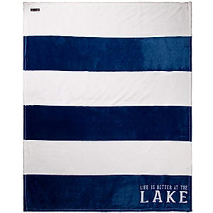 Pavilion Gift Company Life is Better at The Lake-Blue & White Super Soft 50 x 60 Inch Striped Throw Embroidered Text 50" x 60" Royal Plush Blanket, Blue