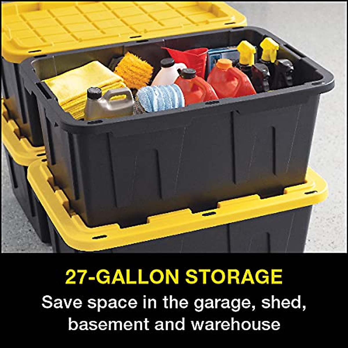 CX Black & Yellow®, Shelving Unit and Heavy Duty Storage Containers, Extremely Durable® (Shelf + 27 Gallon Container (8-Pack))