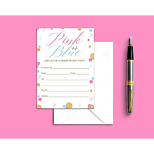 Abstract Gender Reveal Invitations with Envelopes (15 Pack) Blank Invites for Baby Revealing He or She Party – Pink and Blue Theme Boy or Girl – Fill-In Details on Printed Invite Card Set 4x6