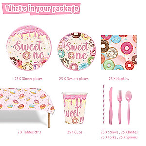 LXlucktim Donut Birthday Party Supplies for 1 Year Old Girl, 202 Pcs Sweet One Party Decorations for Girls Baby - Table Cover, Plates, Cups, Napkins, Utensils, Serves 25 Guests