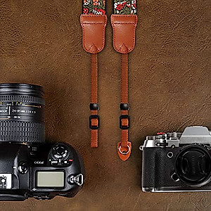Camera Strap for All DSLR / SLR Cameras,Double Layer Cowhide Ends,2"Wide Pure Cotton Embroidered Woven Camera Strap,Adjustable Universal Neck & Shoulder Strap,Gift for Photographers（Green Flower）