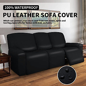 Easy-Going PU Leather Recliner Sofa Slipcovers, Waterproof Stretch Sofa Covers, 8 Pieces Stretch Furniture Protector, Elastic Strap Shield Pets Kids Children Cats Dogs Black