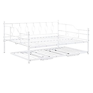 Full Size Daybed with Trundle Heavy-Duty Metal Day Bed Frame with Twin Size Adjustable Trundle Beds for Living Room Bedroom, White(Circle Pattern)