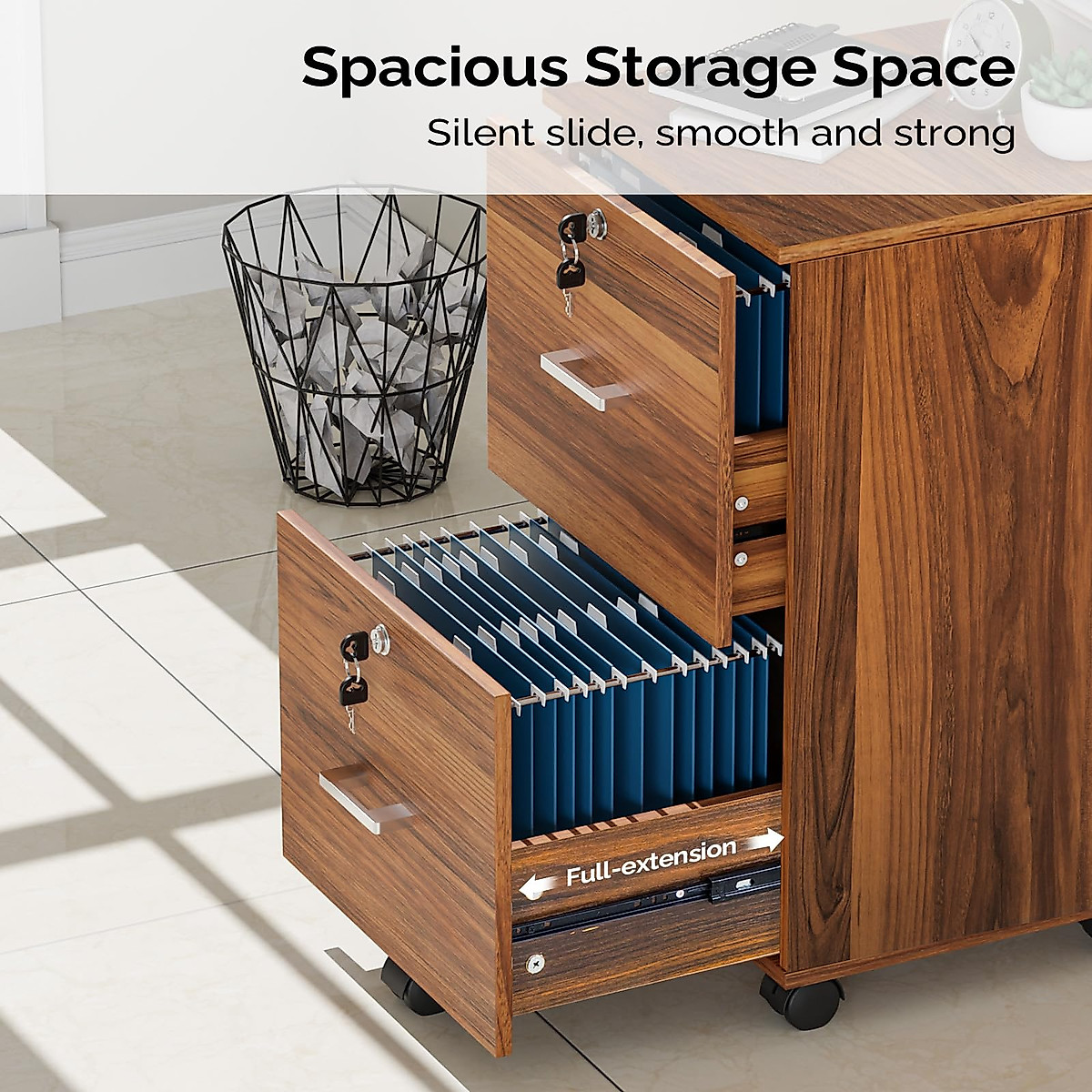 VINGLI 2-Drawer Rolling File Cabinet with Lock, Wood Mobile Filing Cabinet for Hanging Letter Size Filings Under Desk File Cabinet for Home Office, Assembly Required, Classic Walnut, 26.5" H