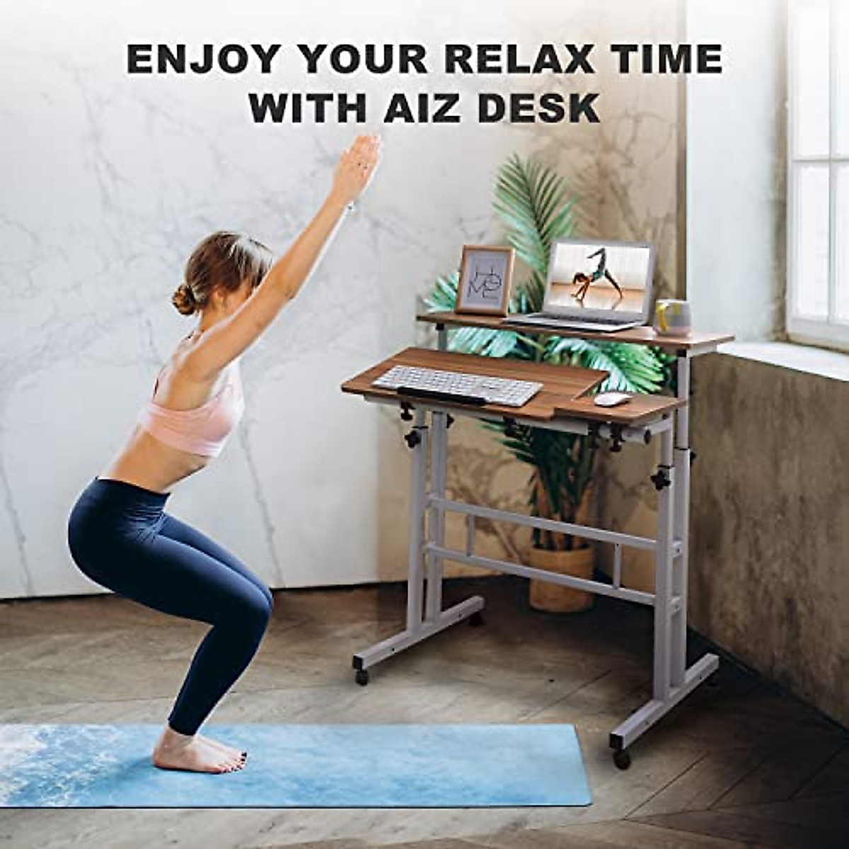 AIZ Adjustable Rolling Desk Cart on Wheels Home Office Computer Workstation, Portable Laptop Tall Table for Standing or Sitting, Oak