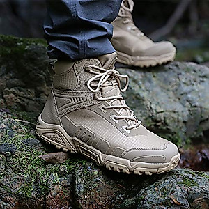 FREE SOLDIER Men's Waterproof Hiking Boots Lightweight Work Boots Military Tactical Boots Durable Combat Boots(Tan, 10 US)