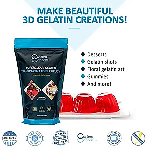 SuperClear Gelatin Powder (Grenetine) - 300 Bloom Food Grade Gelatin for Cake Art, Dessert Molds - Edible, Unflavored, Ko Kosher - 2 lb. Resealable Pouch
