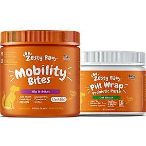 Zesty Paws Glucosamine for Dogs - Hip & Joint Health Soft Chews with Chondroitin & MSM + Pill Wrap Probiotic Paste for Dogs - Immune & Digestive System Support