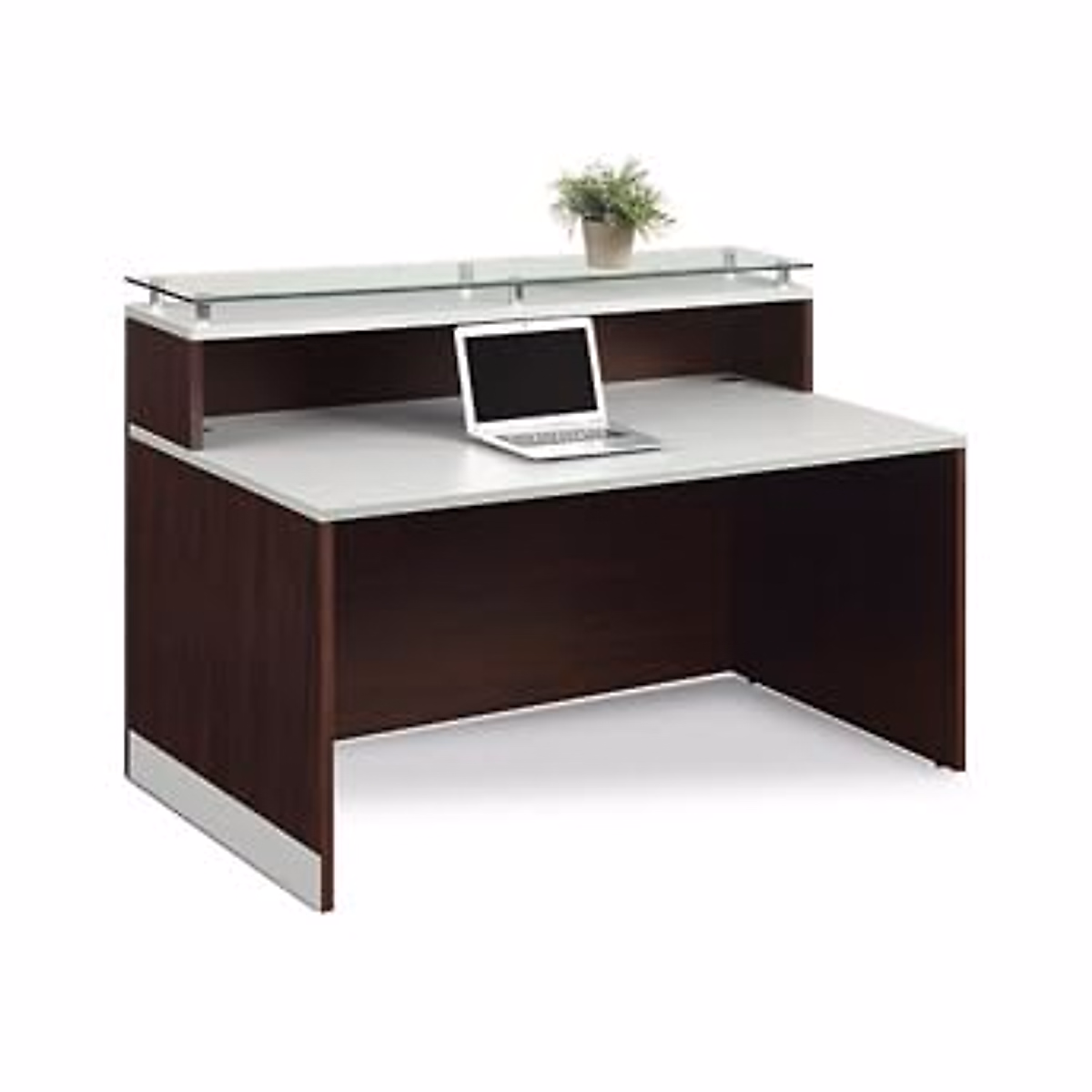 NBF Modern Reception Desk Counter Office Lobby Salon Retail Checkout Desk Compact 63" W x 32" D Mahogany Laminate