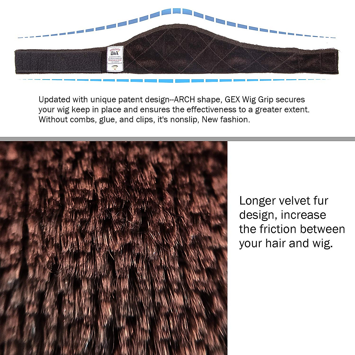 GEX Wig Grip Band Adjustable Wig Comfort Band Headband Flexible Velvet Scarf Wig Comfort Non-Slip Adjustable Fasten Wig Bands With Arch Extra Hold for Women (Brown)