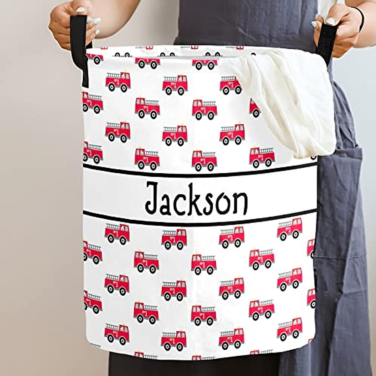 CustomLife Fire Truck Baby Personalized Custom Laundry Hamper Storage Basket Collapsible for Living Room Bathroom Bedroom 14.17 X 19.69 inches