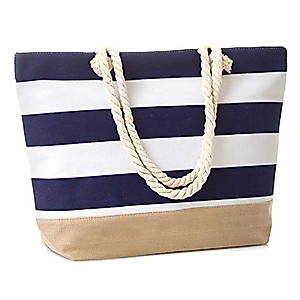 Leisureland Canvas Tote Beach Bag, Water Resistant Shoulder Tote Bag (L20"xH15"xW6", Stripe Navy Blue)