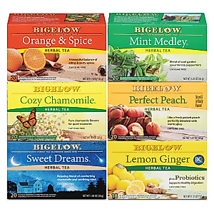 Bigelow Herbal Tea 6 Flavor Variety Pack, Caffeine Free, (Pack of 6) 118 Tea Bags Total