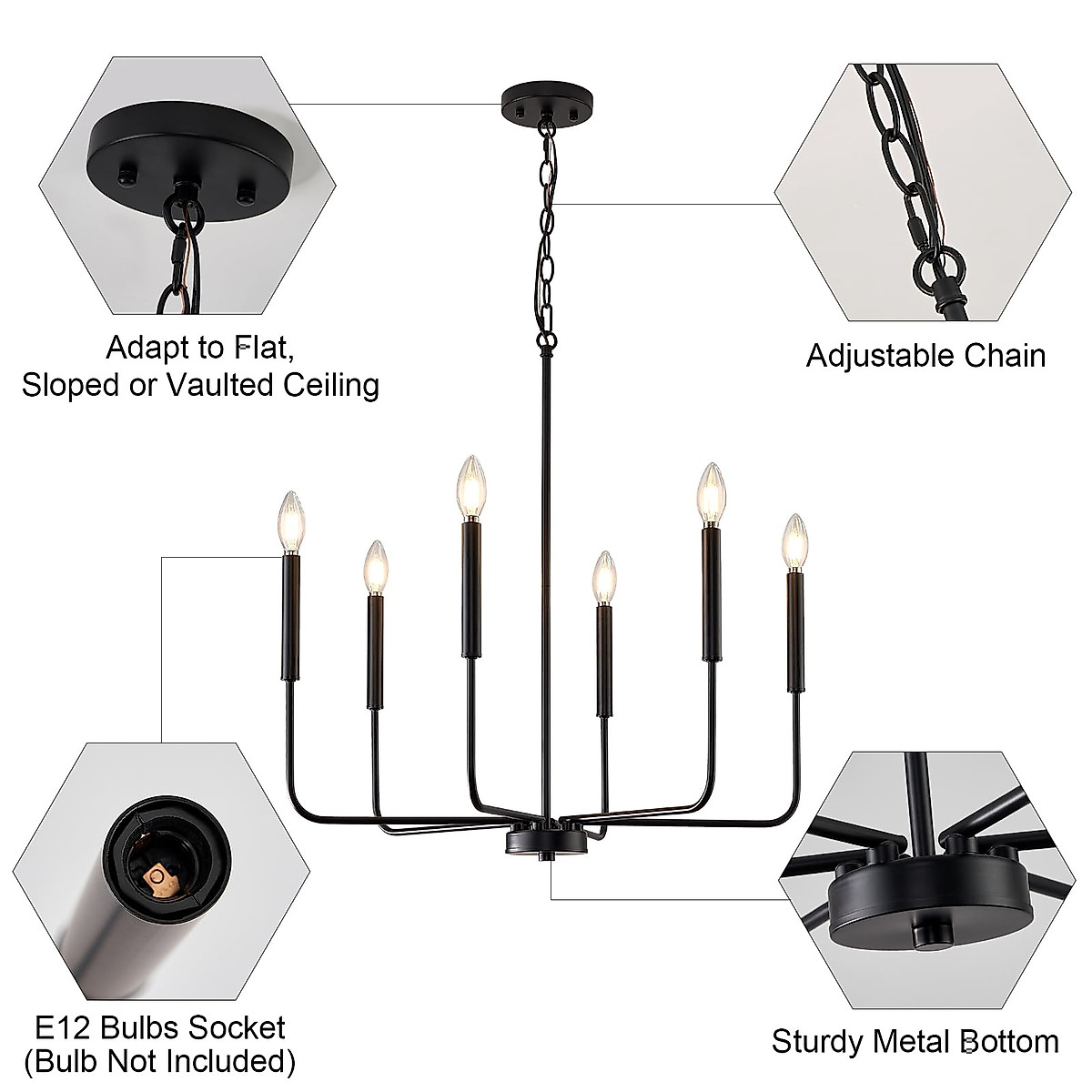 ONESMING Modern Black Chandelier for Dining Room,Metal 6-Light Kitchen Light Fixtures,Farmhouse Candle Hanging Pendant Light for Living Room Entryway Foyer Bedroom (Bulbs Not Included)
