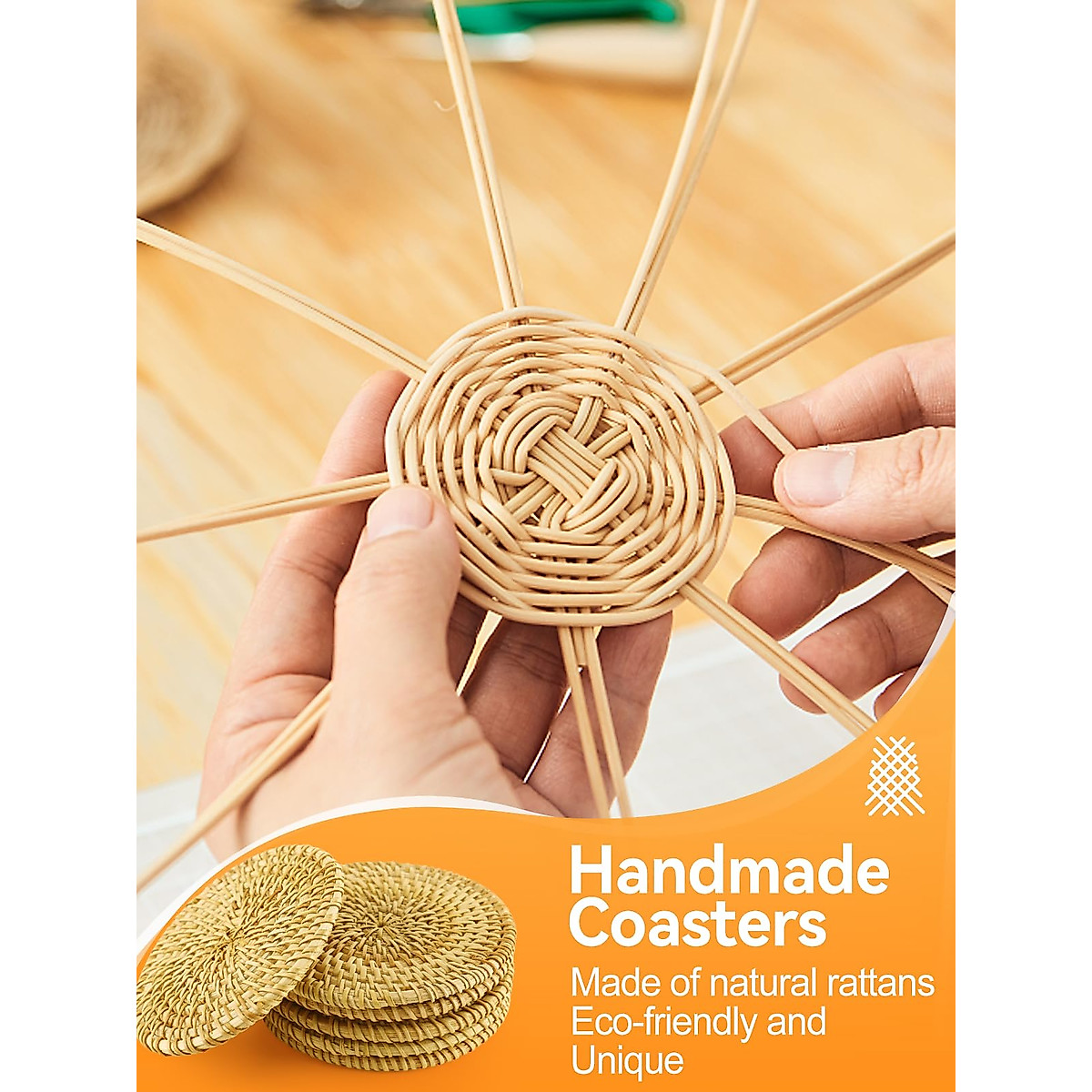 6pcs Handmade Rattan Coasters with Holder, Natural Wicker Boho Coasters Set, Heat-resistant Drink Coasters for Coffee Table Housewarming Gifts Hot Drinking Home Decor Protecting Table