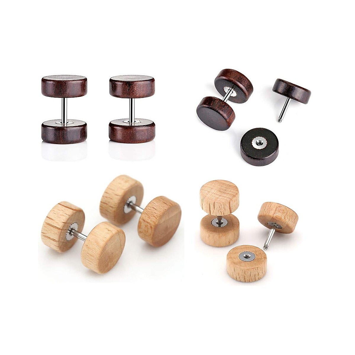 JOVIVI 8 Pairs 18G/16G Wood Faux Gauges Earrings For Men Women Punk Stainless Steel Turquoise Barbell Stud Earrings Fake Flesh Ear Tunnels Expander Plugs 00G Gauge Look