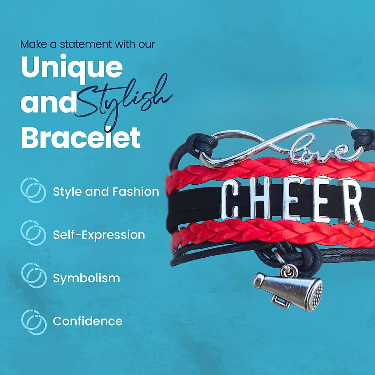 Cheer Charm Bracelet- Infinity Love Adjustable Cheerleading Jewelry in Team Colors for Cheerleader