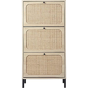 Pvillez Natural Rattan Shoe Cabinet, Modern Free Standing Shoe Racks Storage Cabinet with 3 Flip Drawers and Storage Shelves, Narrow Shoe Rack Cabinet for Entryway, Hallway, Bedroom, Natural