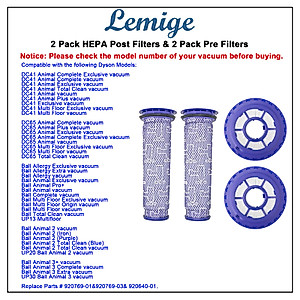 Lemige 2 Pack Post Filters & 2 Pack Pre Filters Replacement for Dyson DC41 DC65 DC66 UP13 UP20 Animal, Multi Floor and Ball Vacuums, Compare to Part #920769-01&920640-01