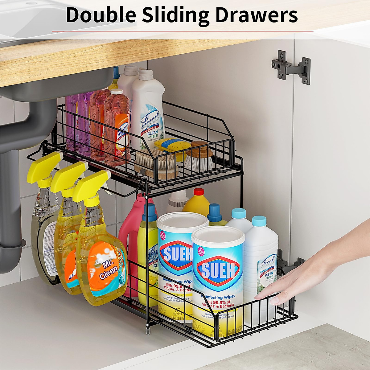 SUEH DESIGN Under Sink Organizers and Storage, Large Capacity Under Cabinet Storage 2 Tier Pull Out Kitchen Cabinet Organizer with Hanging Rail for Bathroom Kitchen Storage Shelf