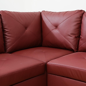 Dyncan 3-Piece Faux Leather Sectional Couch, Modern 5 Seater Corner Sofa Upholstered Modular Sofas with Chaise Lounge and Storage Ottoman, Large L-Shaped Living Room Sets w/Right Armrest (Red)