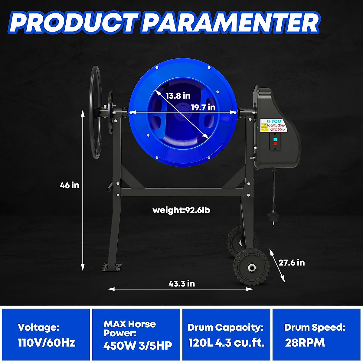 SILVEL 4.3 Cu.Ft. Concrete Mixer Machine, 450W 3/5HP Electric Cement Mixer Machine with Wheel and Stand for Stucco
