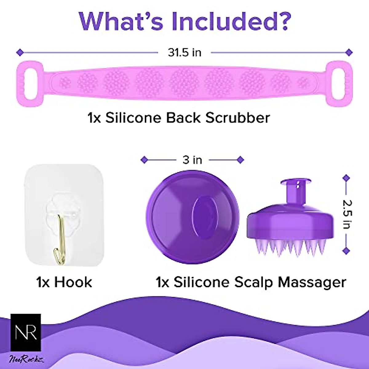 NeeRockz - Silicone Body Scrubber and Scalp Massager Set, 3-Inch Scalp Exfoliator and Dual-Sided 31.5-Inch Back Scrubber for Shower, Ergonomic Hair Massager and Bath Scrubber