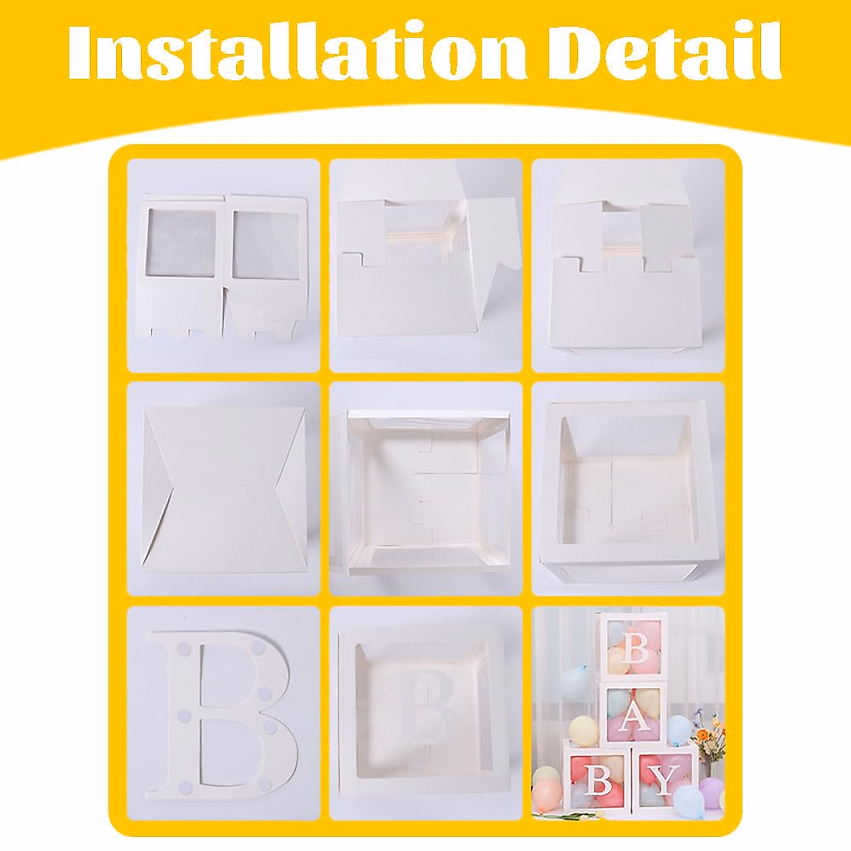 Onteftshop Baby Boxes with Letters for Baby Shower, 4 Clear Baby Block Party Decorations, Transparent Balloon Boxes for Gender Reveal Decorations and Birthday Party (Gold)