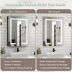 Klajowp LED Lighted Bathroom Medicine Cabinet with Mirror, 24x32 Inch Medicine Cabinet with Mirror, Recessed or Surface Bathroom Medicine Cabinet with Lights, Medicine Cabinet Mirror Black, Anti-Fog