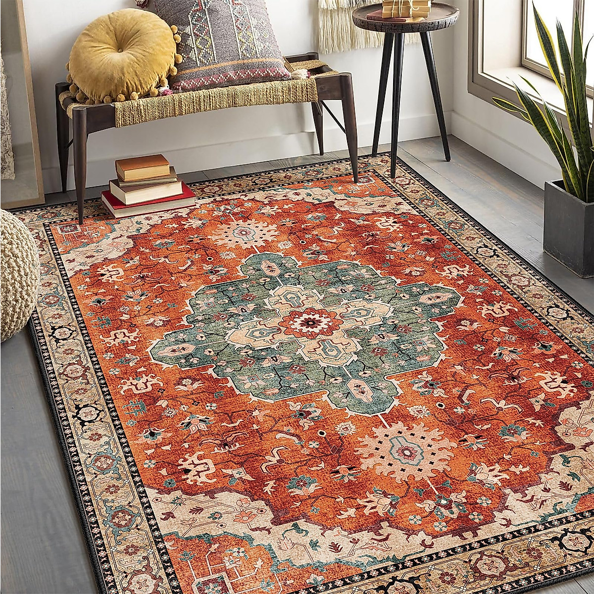 Castage Boho Rug 3x5,Washable Area Rugs for Bedroom Living Room Kitchen Entryway,Small Vintage Bohemian Distressed Non Slip Oriental Tribal Carpet,Retro Rust