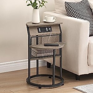 IDEALHOUSE Round End Table with Charging Station, Grey Wood Side Table with USB Ports and Outlets, Sturdy Circle Farmhouse End Table for Living Room, Bedroom and Couch