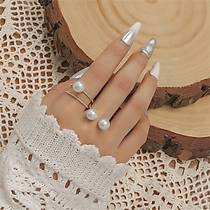 2pcs Shell Pearl Adjustable Wedding Statement Rings for Women Girls Silver Plated Expandable Twisted Layered Open Wrap Rings Comfort Fit Fashion Delicate Birthday Christmas Party Jewelry Gifts (Silver)