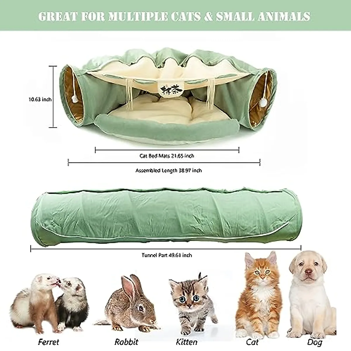 Kimruule Cat Tunnels for Indoor Cats, 2-in-1 Cat Tunnel Bed with Cat Toys Collapsible Cat Tunnel Tubes Toys with Removable Mat for Cats Kittens Ferret Rabbits Bunnies (Green)