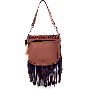 Texas West Western Genuine Leather Tooled Horse Fringe Women's Crossbody Bag in 2 colors (Brown)