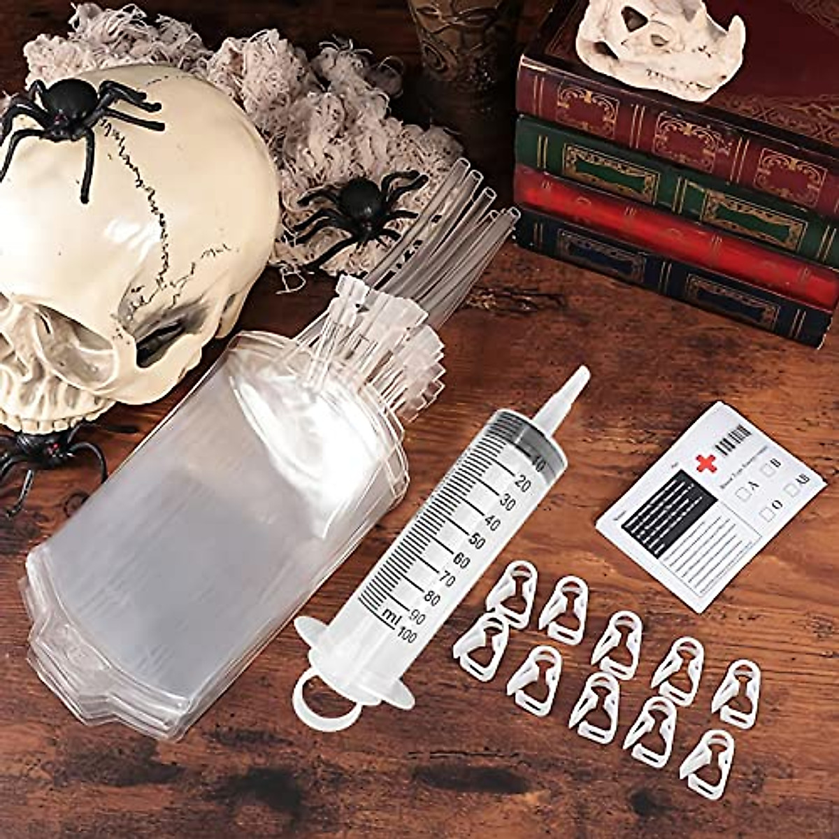 20 Pack Halloween Decorations Blood Bag Drink Pouches for Home Party Decor Supplies Zombie Vampire Party Indoor Outdoor Decoration with Syringe, Clips and Stickers