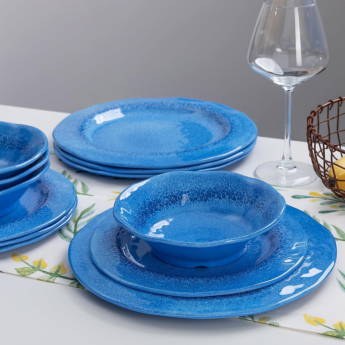 LEHAHA Melamine Dinnerware Sets, Dishes Sets for 4, 12 Piece Plates and Bowls Sets, Unbreakable BPA Free Reactive Blue Ceramic Design Plates Set for Indoor and Outdoor Use, Dishwasher Safe