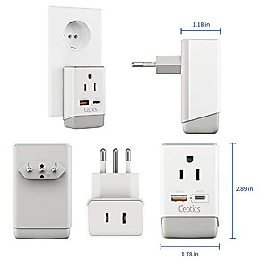 Ceptics Italy Travel Adapter, QC 3.0 & PD, Safe Dual USB & USB-C - 2 USA Socket Compact & Powerful - Use in Uruguay, Libya, Syria, Tunisia, Chile - Type L AP-12 - Fast Charging (AP-12A)