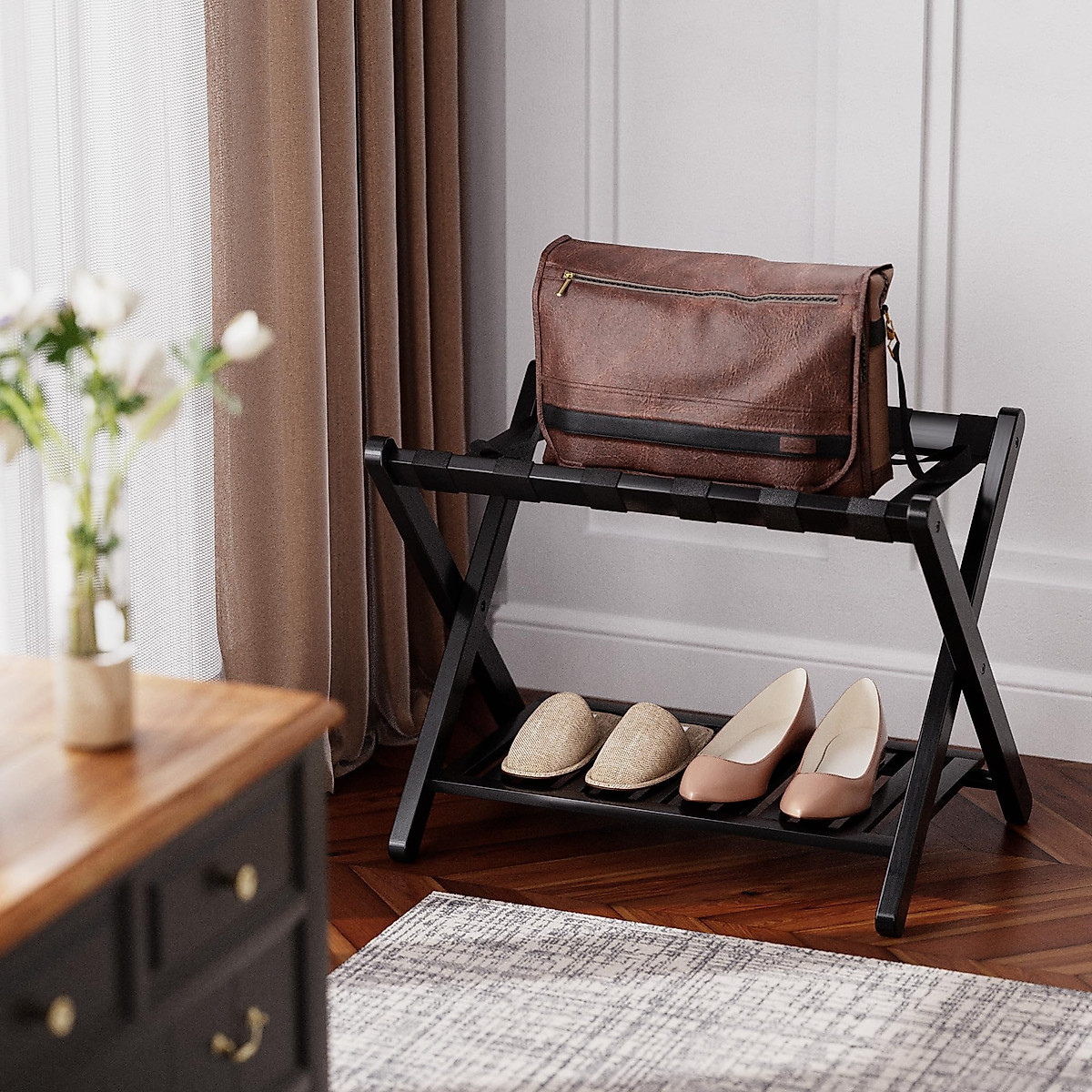 SMIBUY Luggage Rack, Foldable Bamboo Suitcase Stand with Storage Shelf for Guest Room, Bedroom, Hotel, Heavy-Duty, 1 Pack (Black)