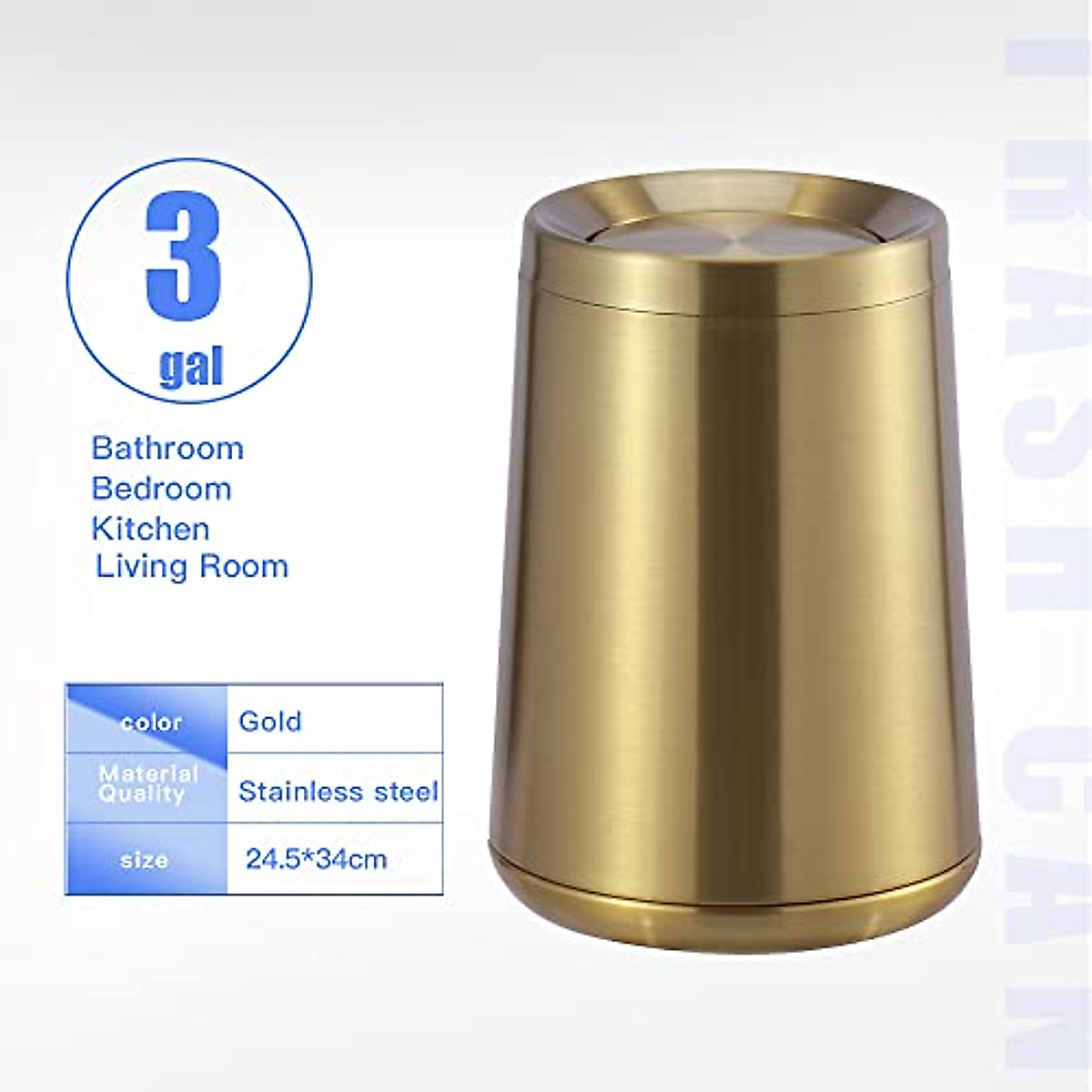 BRIEFHUMAN Household Swing Gold Bathroom Trash Can，Brushed Stainless Steel，10 L/3 Gallen，Garbage Can with Flipping Lid， for Indoor or Commercial Use, Kitchen,Modern，Living Room,Bedroom