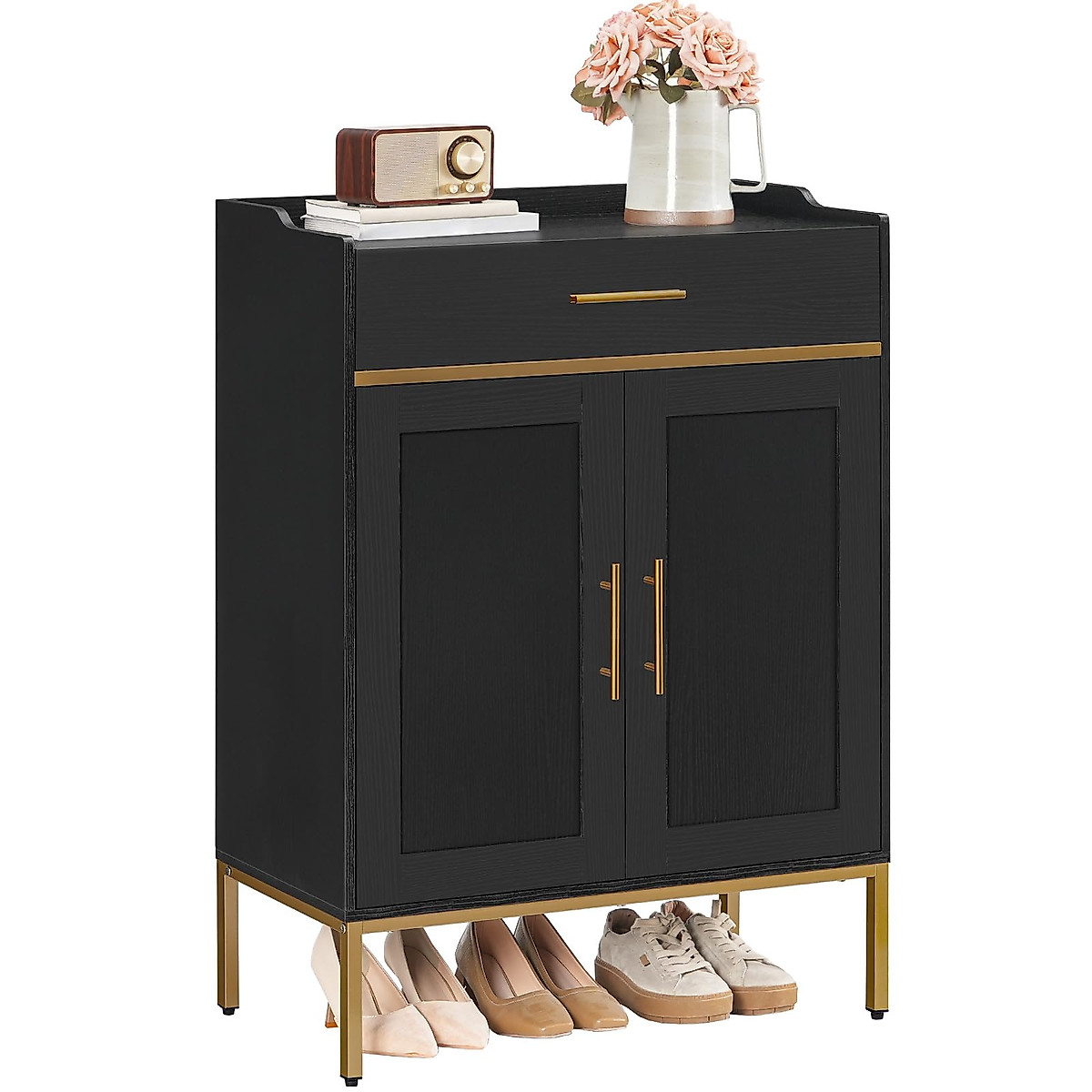 HOOBRO Shoe Storage Cabinet, Narrow Shoe Cabinet, Shoe Cabinet Storage for Entryway, Freestanding Shoe Organizer Cabinet, Shoe Rack Cabinet with Adjustable Shelves, Gold and Black DB14SC01
