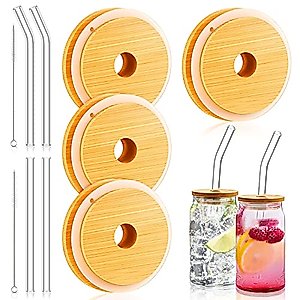 16oz Beer Glasses Lids with Straw Hole Drinking Glass Cups Anticorrosion Beer Can Cups Lids Bamboo Lids Include Reusable Glass Straight Curved Straw and Brush for Drinking Glasses (10 Pieces)