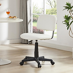 VECELO Armless Home Office Sherpa Vanity Chair with Wheels Faux Fur, Swivel Height Adjustable for Bedroom Makeup, White