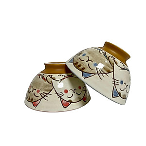Japanese Rice Bowl Set Ceramic Blue and Pink Cute Smiling Cats Design Set of 2 Bowls Blue and Pink