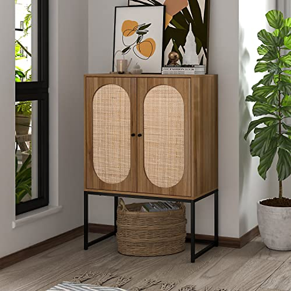 ZeHuoGe Natural Rattan Sideboard Buffet Storage Accent Cabinet with 2 Magnetic Door, Sideboard Buffet Cupboard Accent Cabinet, Built-in Adjustable Shelf Iron Bracket US Delivery (Walnut)